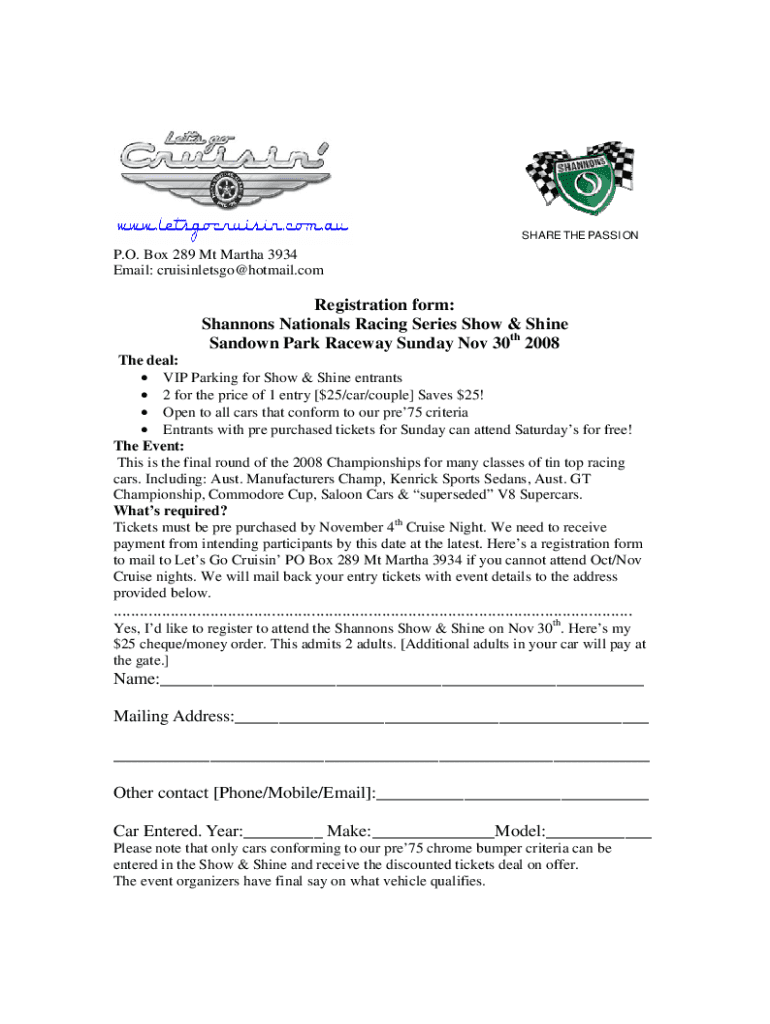 Fillable Online Shannons Nationals Registration Form Fax Email Print ...