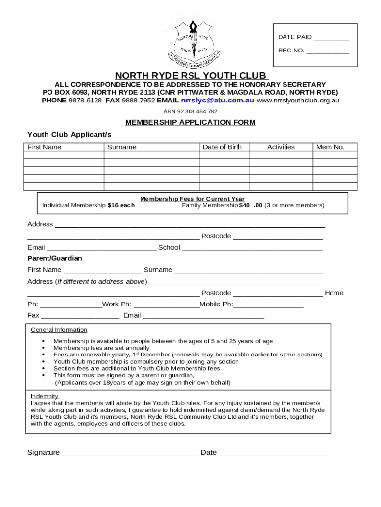 NORTH RYDE RSL YOUTH CLUB Doc Template | pdfFiller