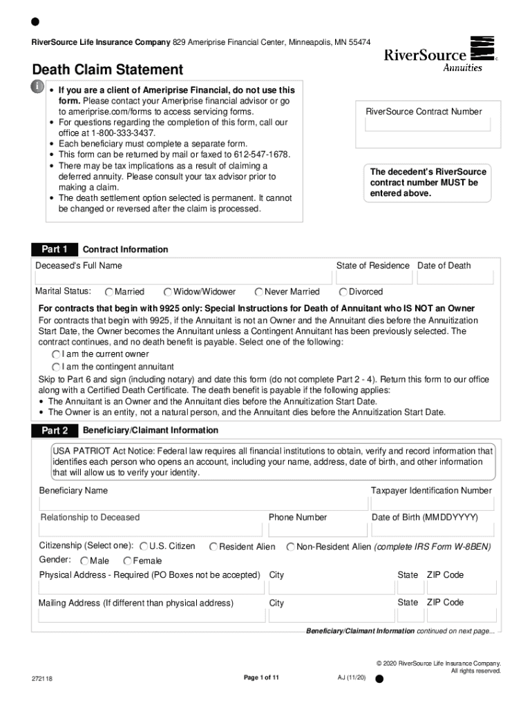 Fillable Online 272118 Death Claim Statement Natl Fax Email Print ...
