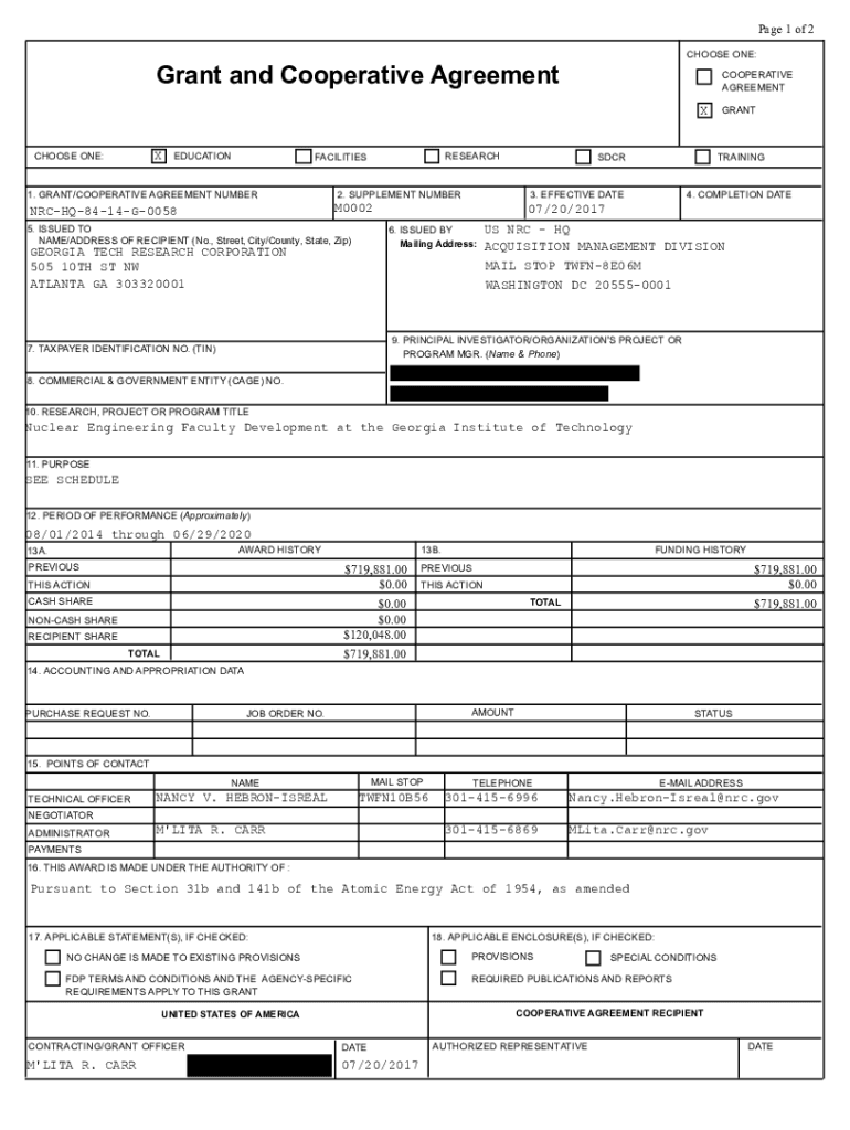 Fillable Online Page 1 of 2 Grant and Cooperative Agreement CHOOSE ONE: E ... Fax Email Print ...