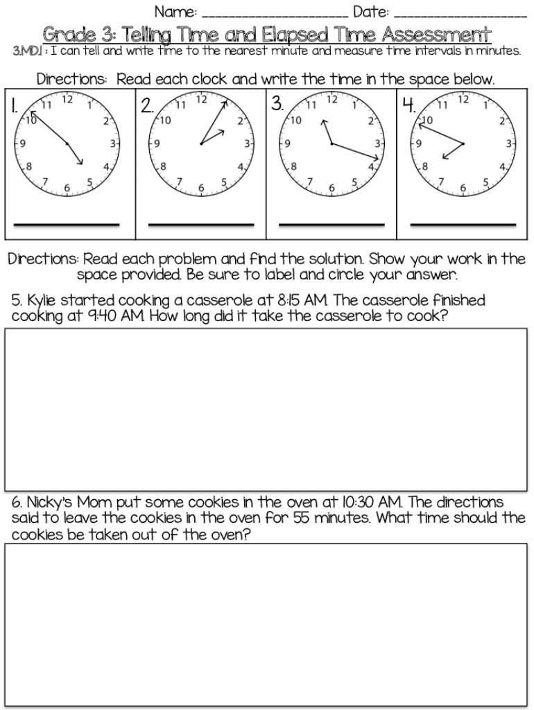 Fillable Online Grade 3: Telling Time and Elapsed Time Assessment Fax ...