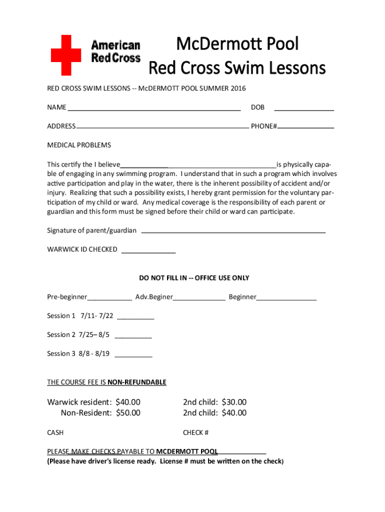 Fillable Online RED CROSS SWIM LESSONS -- McDERMOTT POOL SUMMER 2016 ...