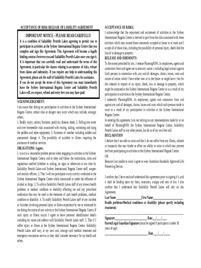 ACCEPTANCE OF RISK/ RELEASE OF LIABILITY AGREEMENT Doc Template | pdfFiller