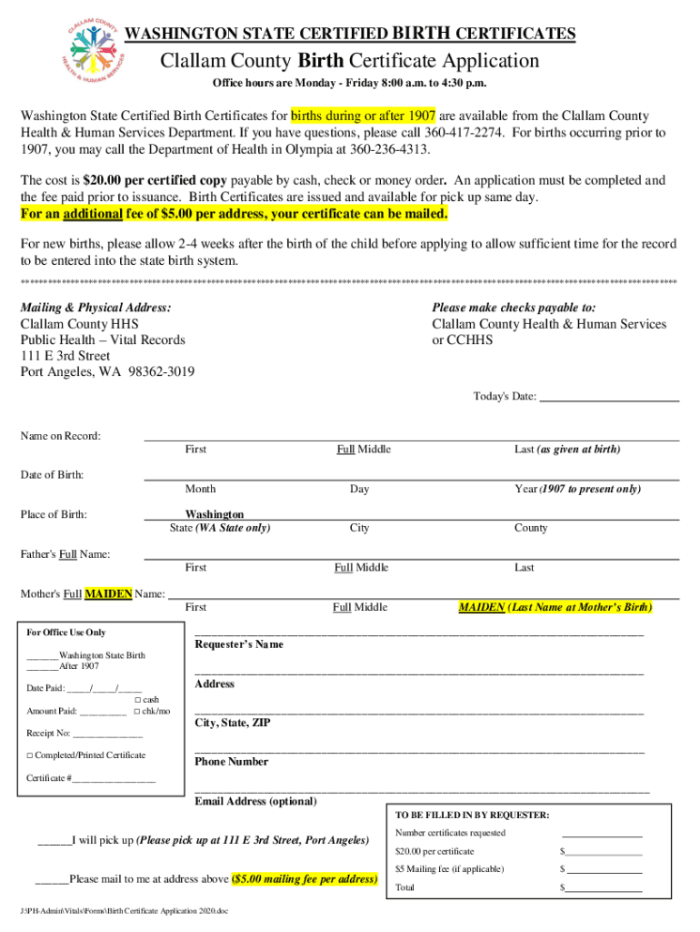 Fillable Online WASHINGTON STATE CERTIFIED BIRTH CERTIFICATES Fax Email ...