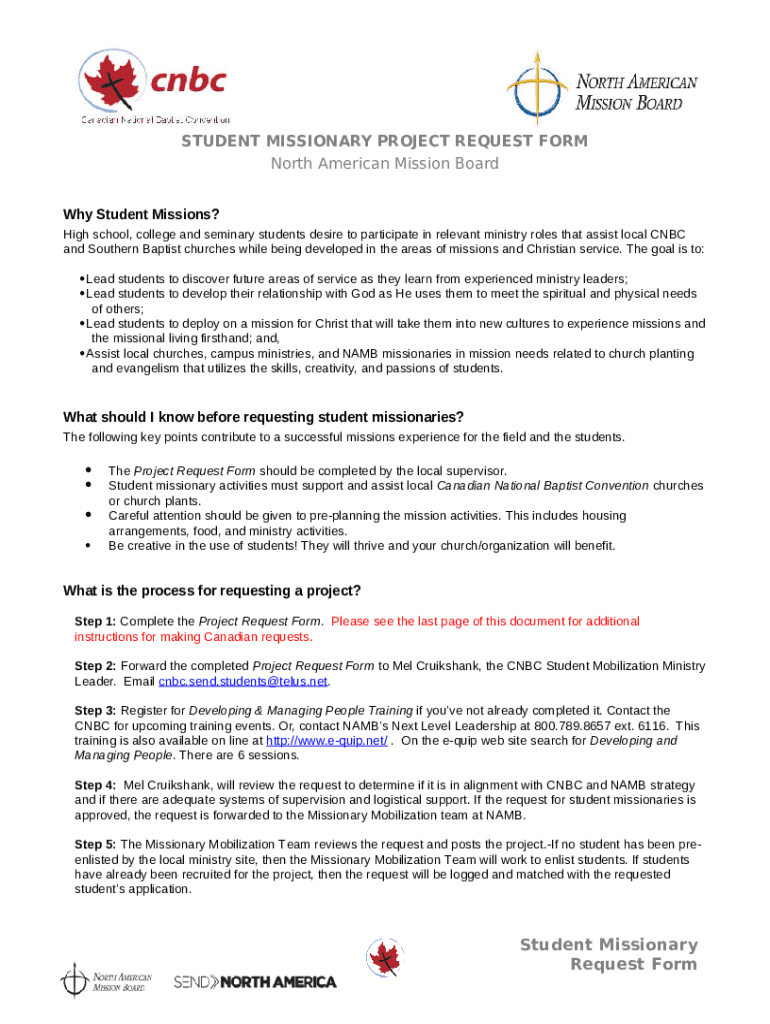 STUDENT MISSIONARY PROJECT REQUEST Doc Template | pdfFiller