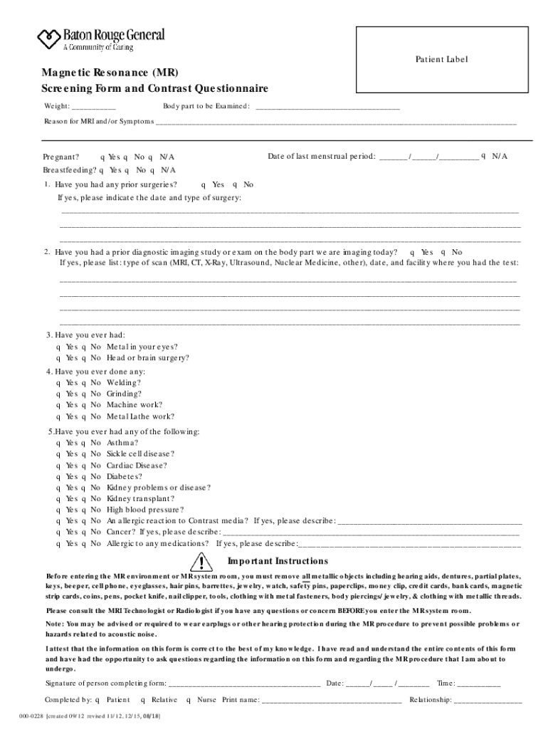Fillable Online Radiology MR Procedure Screening Form 0228. Radiology ...