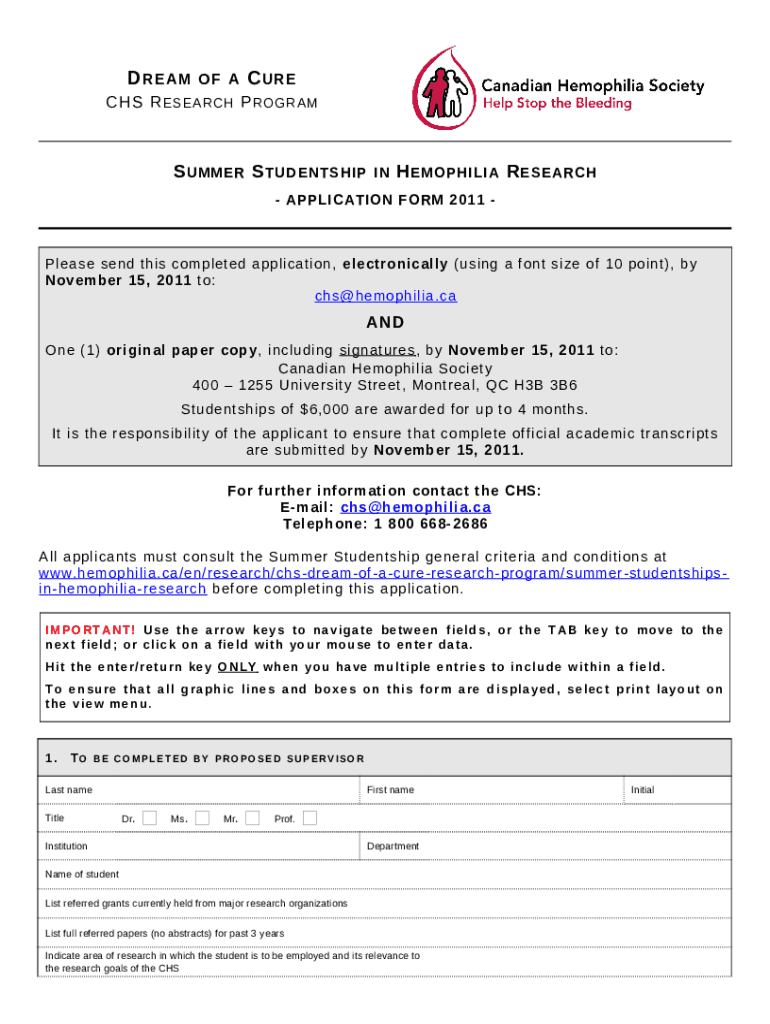 Summer Studentship in Hemophilia Research Doc Template | pdfFiller