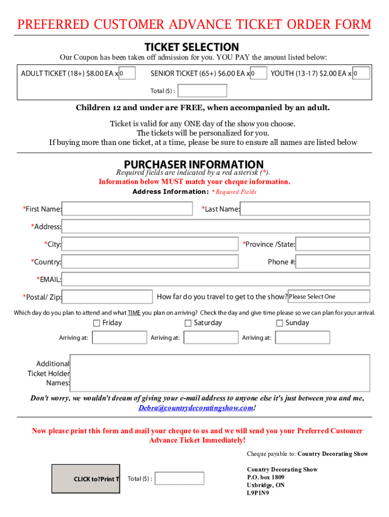 Fillable Online PREFERRED CUSTOMER ADVANCE TICKET ORDER FORM Fax Email ...