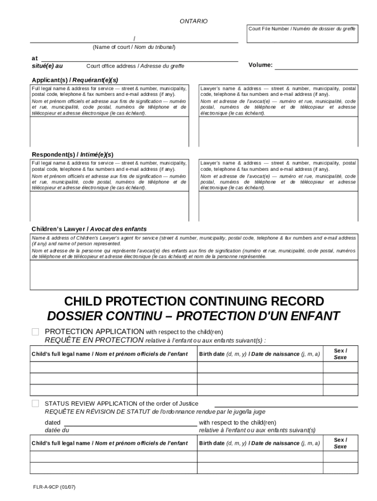FLR-A 9CP (11/05). Child Protection Continuing Record / Dossier continu ...