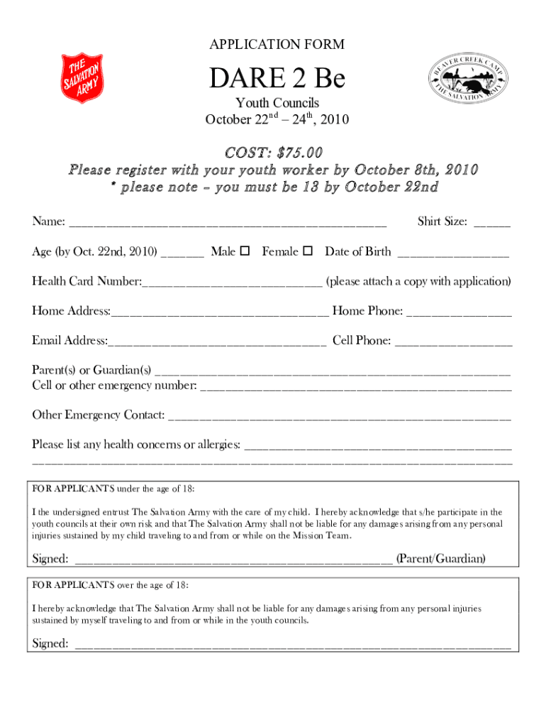 Fillable Online Dare 2 Be - Application Form Fax Email Print - pdfFiller