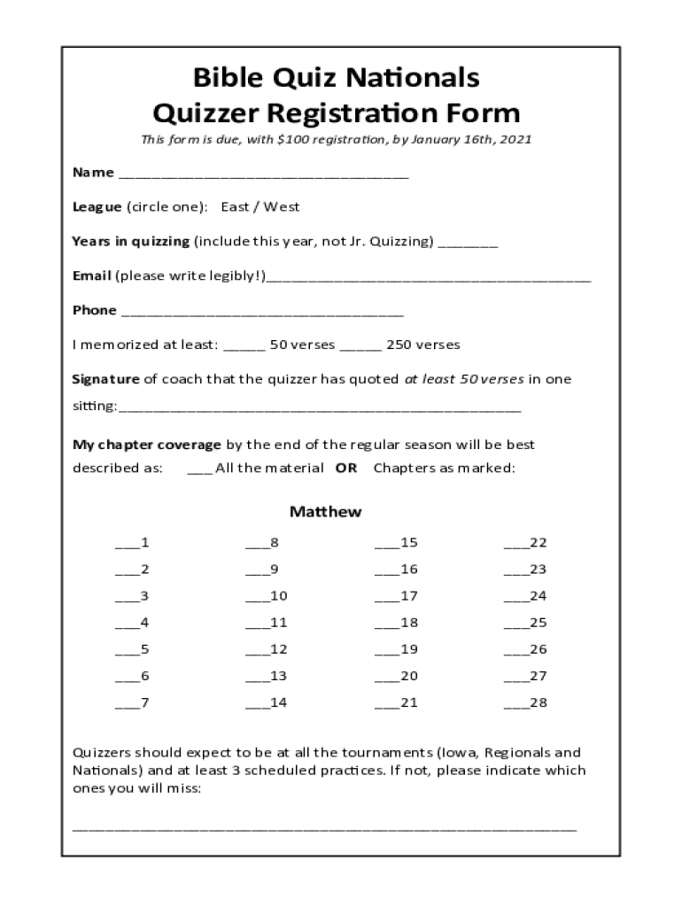Fillable Online Bible Quiz Nationals Quizzer Registration Form Fax ...