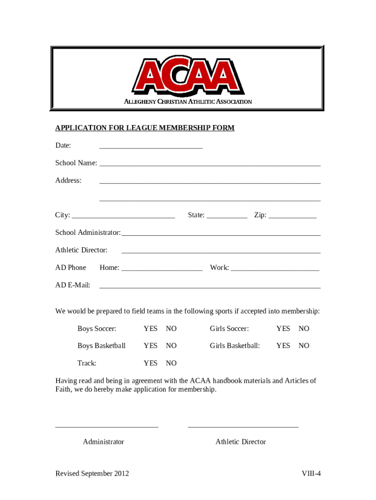 APPLICATION FOR League MEMBERSHIP Doc Template | pdfFiller