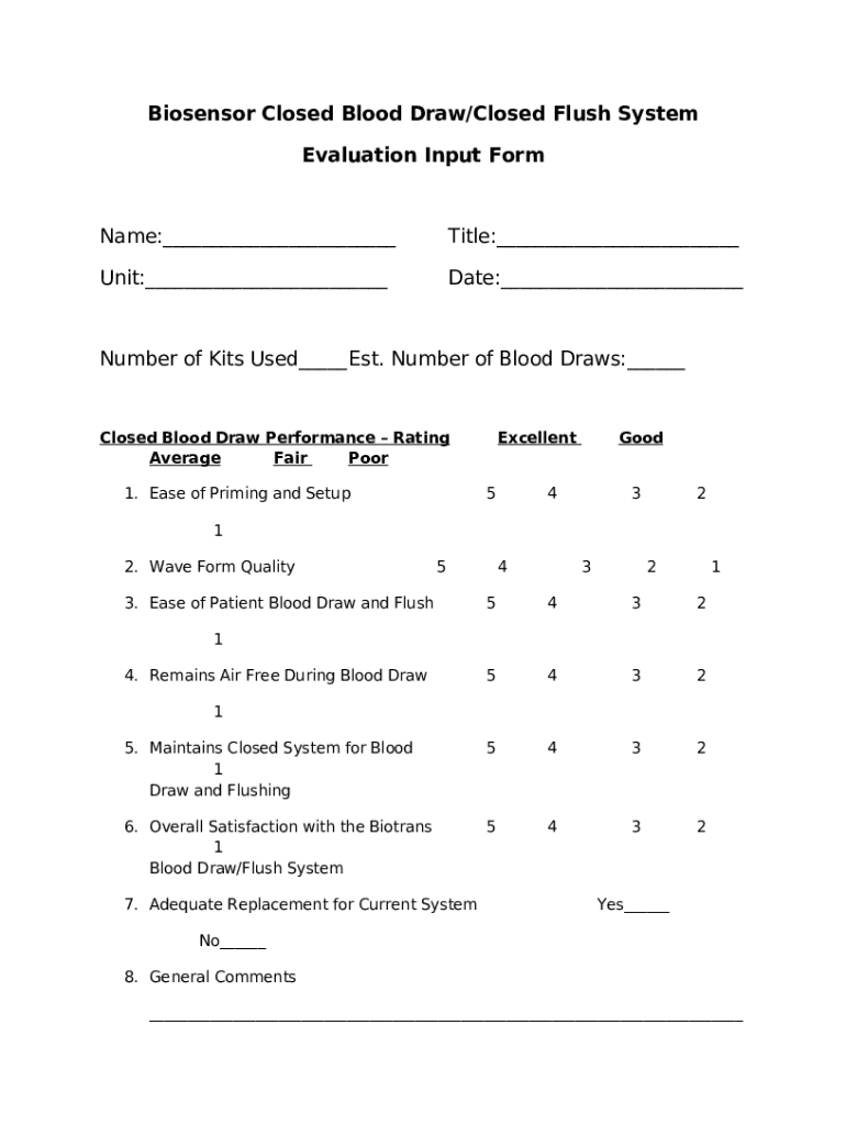 Biosensor Closed Blood Draw/Closed Flush System Doc Template | pdfFiller