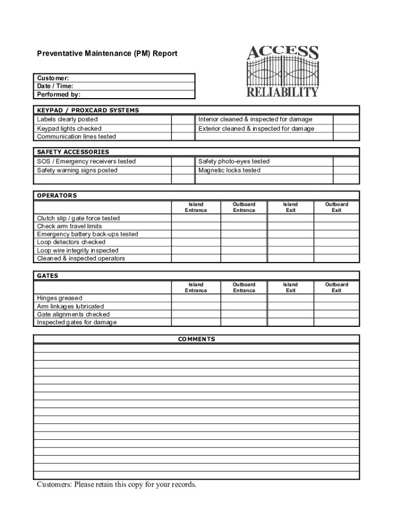 Fillable Online Preventative Maintenance (PM) Report - Access ...