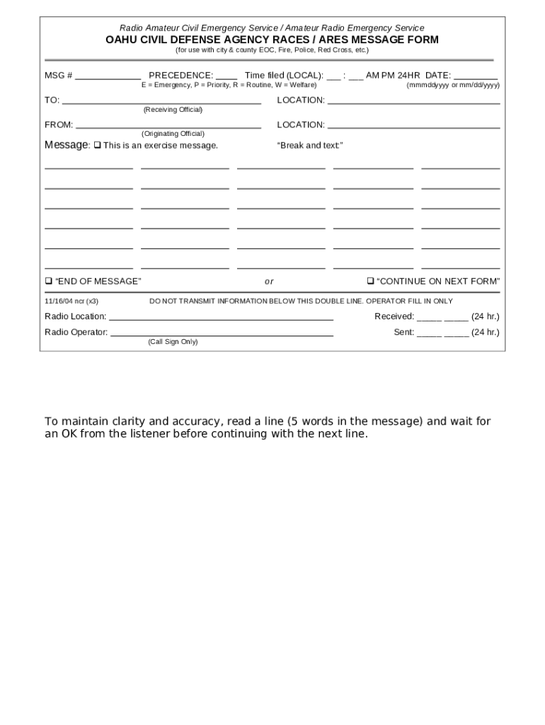 OAHU CIVIL DEFENSE AGENCY RACES / ARES MESSAGE Doc Template | pdfFiller