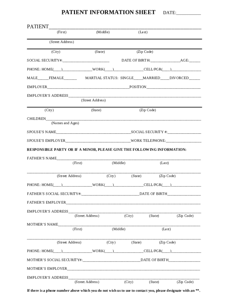 Date: PATIENT INATION SHEET Account# Patients LEGAL Doc Template | pdfFiller
