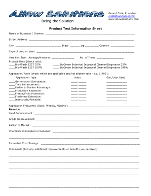 Fillable Online Product Test Information Sheet.doc Fax Email Print ...