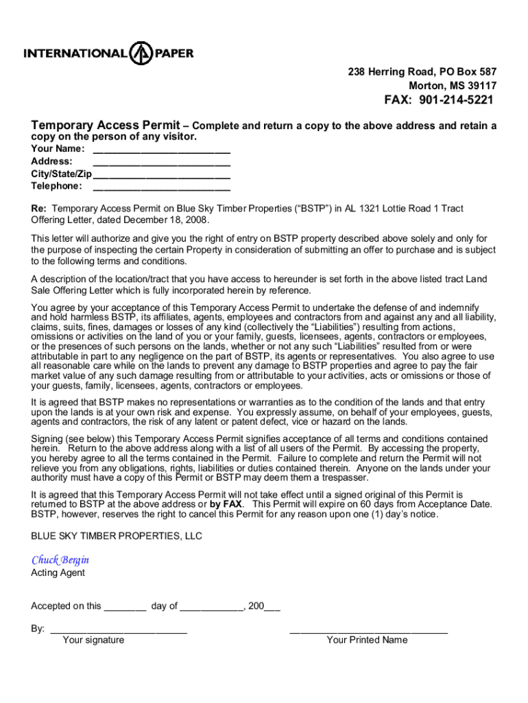 Fillable Online Re: Temporary Access Permit on Blue Sky Timber ...