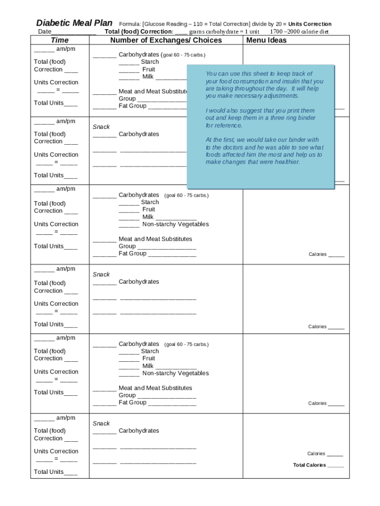 Diabetic Meal Plan Doc Template | pdfFiller