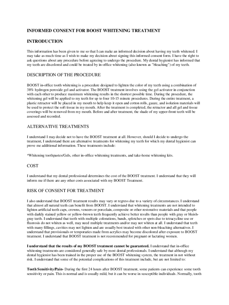 Fillable Online INFORMED CONSENT FOR BOOST WHITENING TREATMENT Fax ...