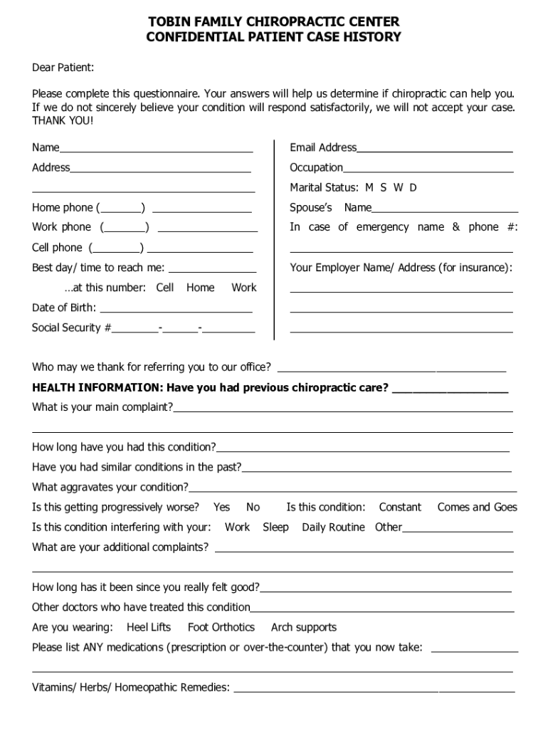 Fillable Online CONFIDENTIAL PATIENT CASE HISTORY - Tobin Family ...