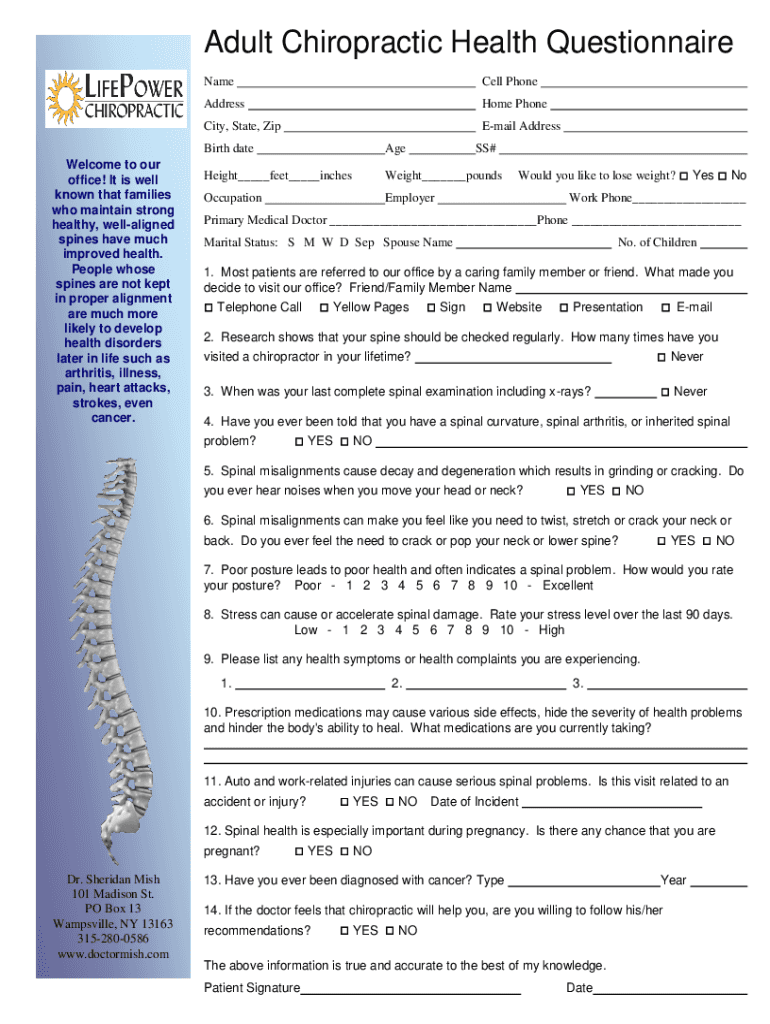 Fillable Online Adult Chiropractic Health Questionnaire Name Home Phone ...