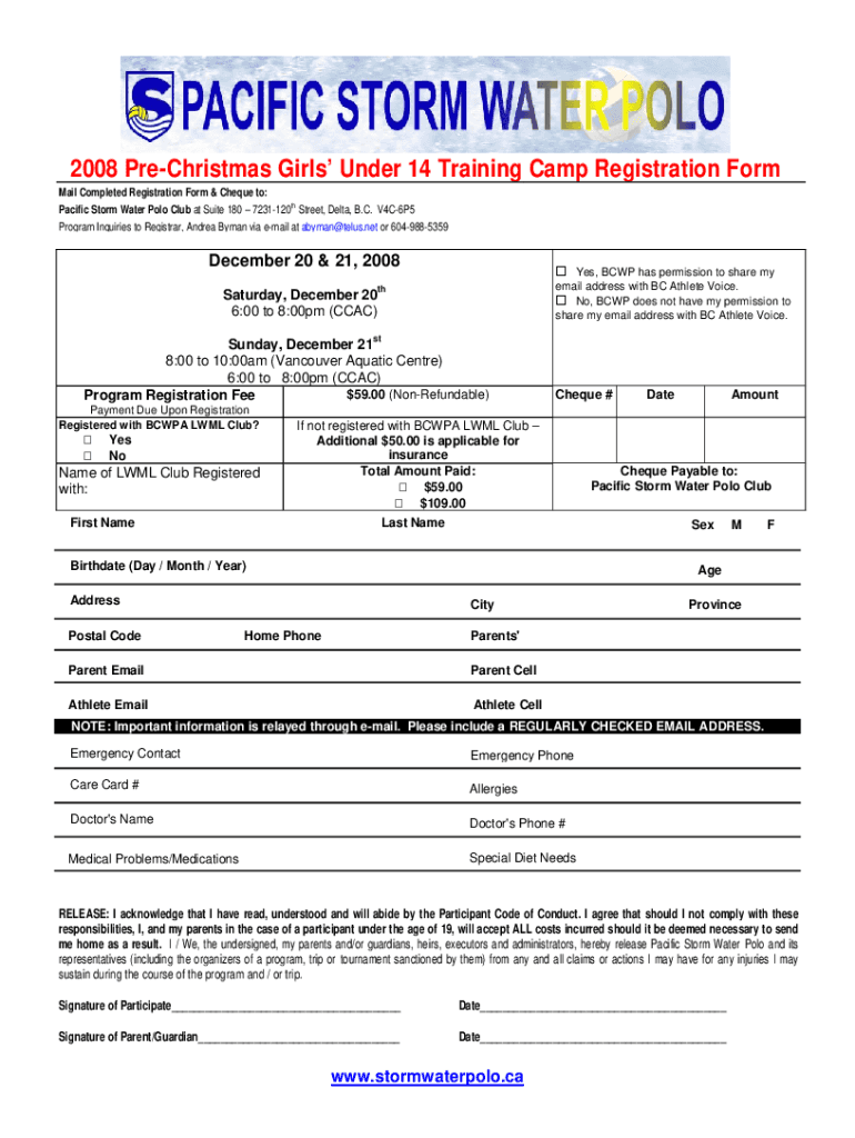 Fillable Online Dec09 Xmas U14 Girls Training Camp Registration Form ...
