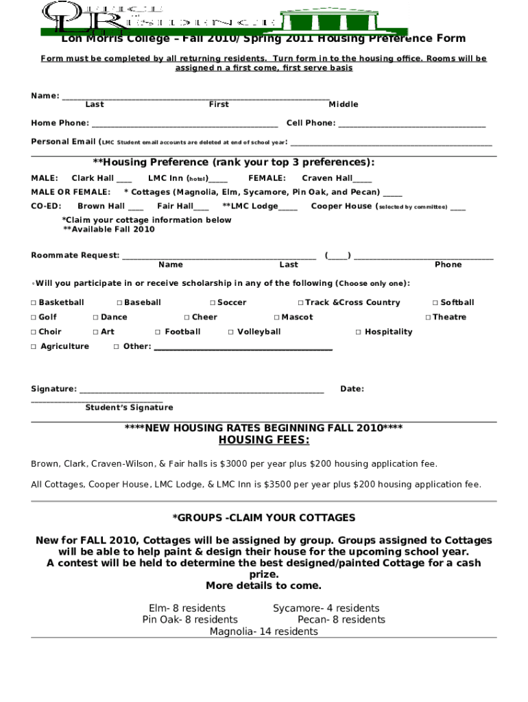 Lon Morris College Fall 2010/ Spring 2011 Housing Preference Doc ...