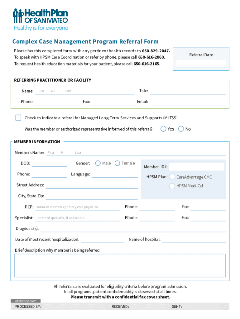 Fillable Online Complex Case Management Referral Form - HPSM Fax Email ...