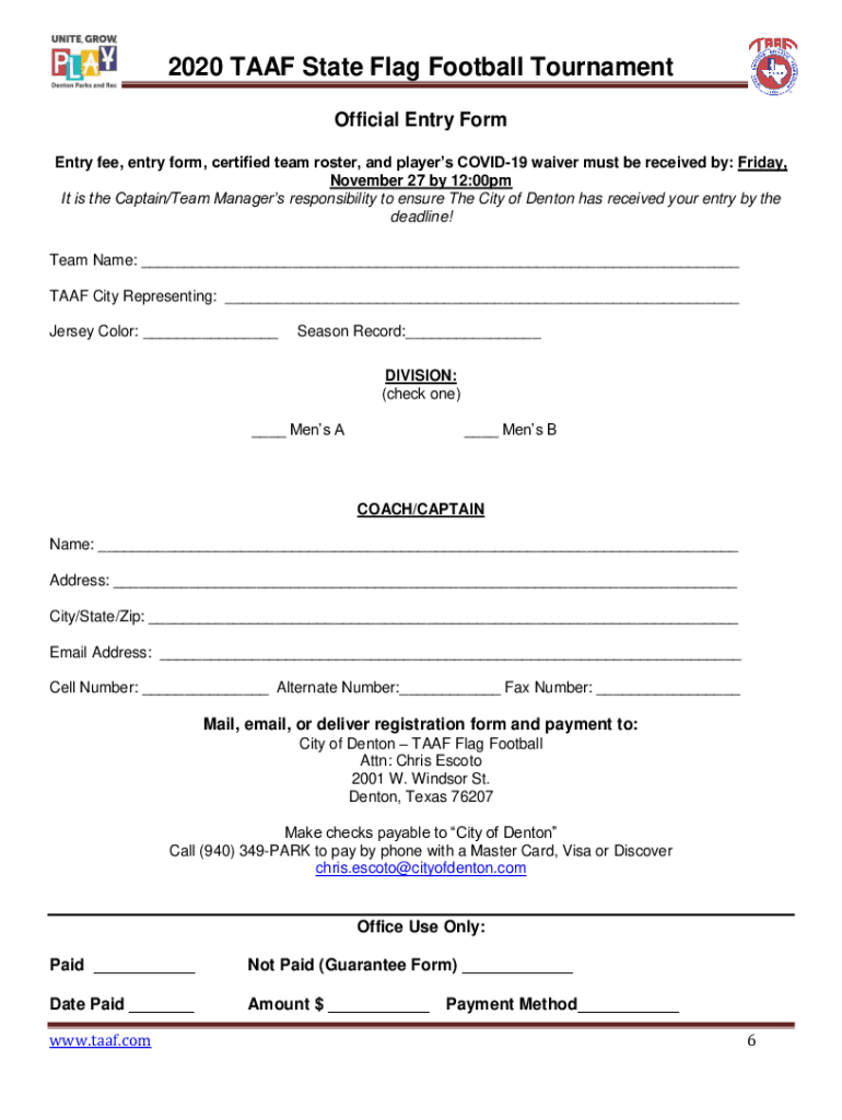 2020 TAAF State Flag Football Tournament Entry Packet - Blank Fillable ...