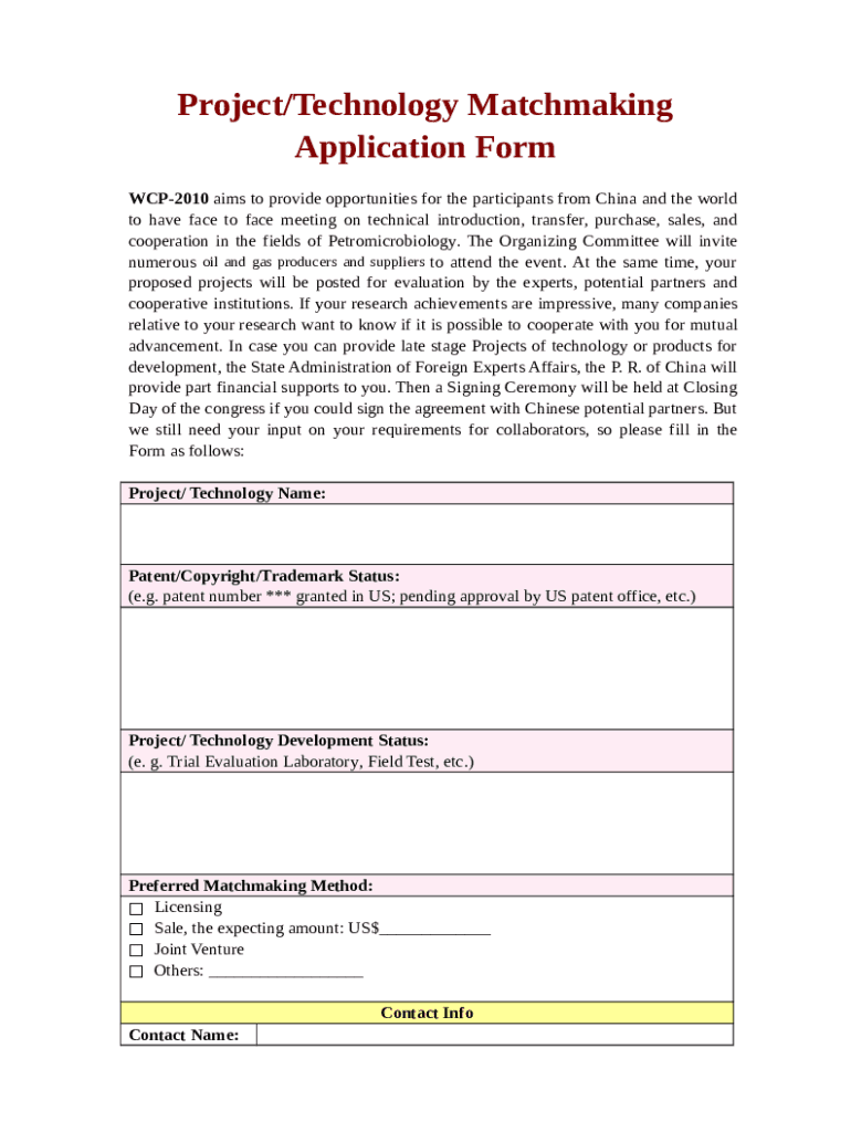 Project/Technology Matchmaking Application Doc Template | pdfFiller