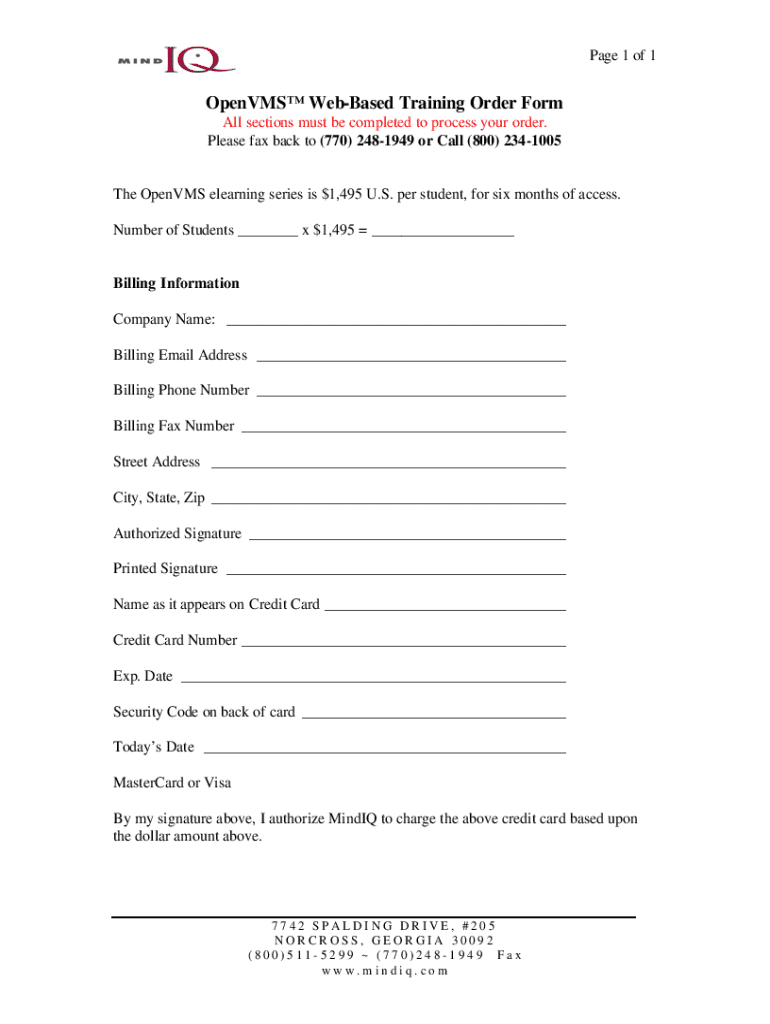 Fillable Online OpenVMS Web-Based Training Order Form Fax Email Print - pdfFiller