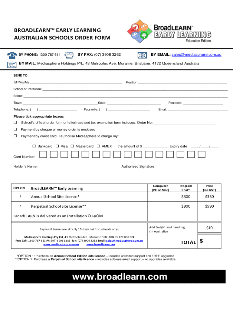 Fillable Online BROADLEARN EARLY LEARNING AUSTRALIAN SCHOOLS ORDER FORM ...