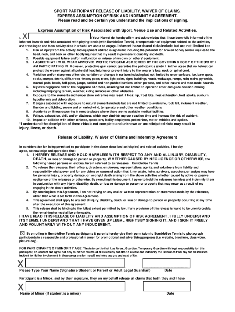 Fillable Online SPORT PARTICIPANT RELEASE OF LIABILITY, WAIVER OF ...