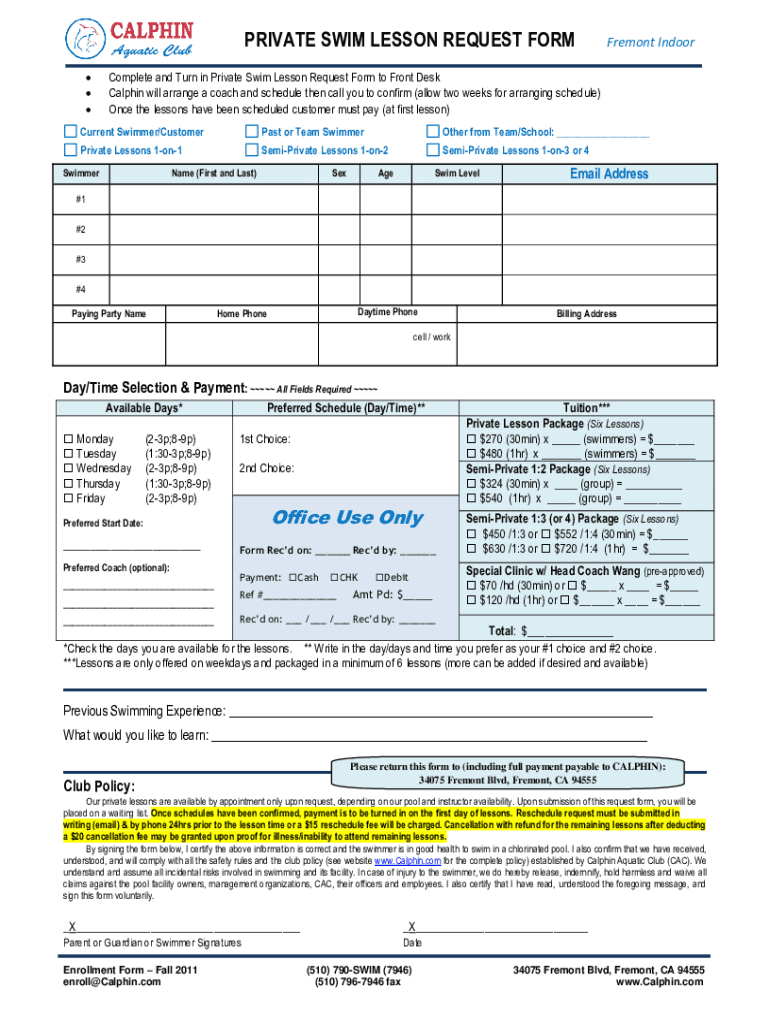 Fillable Online Complete and Turn in Private Swim Lesson Request Form ...