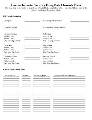Cinmar Importer Security Filing Data Elements Doc Template | pdfFiller