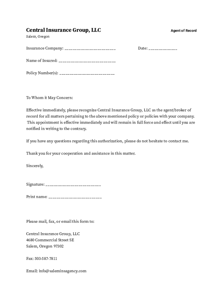 Fillable Online Agent of Record Change Template This form must be printed ... Fax Email Print ...