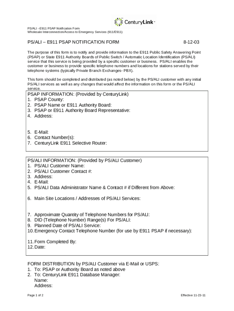 PS/ALI - E911 PSAP NOTIFICATION 8-12-03 Doc Template | pdfFiller