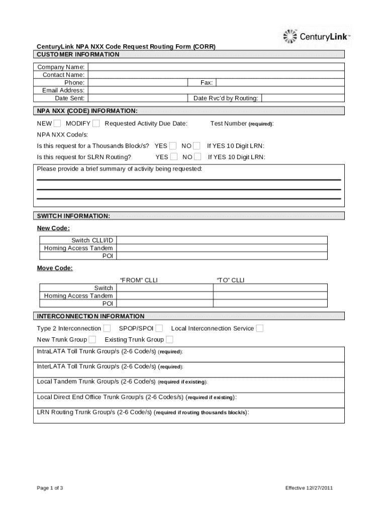 NPA NXX Code Request Supplement Doc Template | pdfFiller