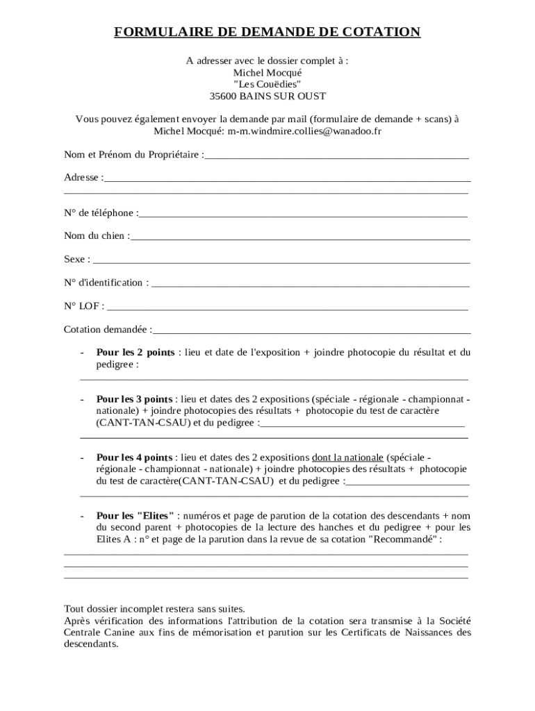ULAIRE DE DEMANDE DE COTATION Doc Template | pdfFiller