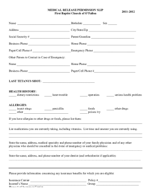 Fillable Online MEDICAL RELEASE AND PERMISSION TO TREAT FORM Name: Date ... Fax Email Print ...