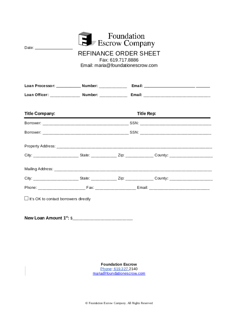 REFINANCE ORDER SHEET Doc Template | pdfFiller
