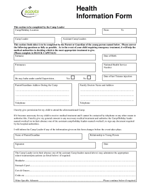 Fillable Online Greenmount Scout Group. Health Information Form Fax ...