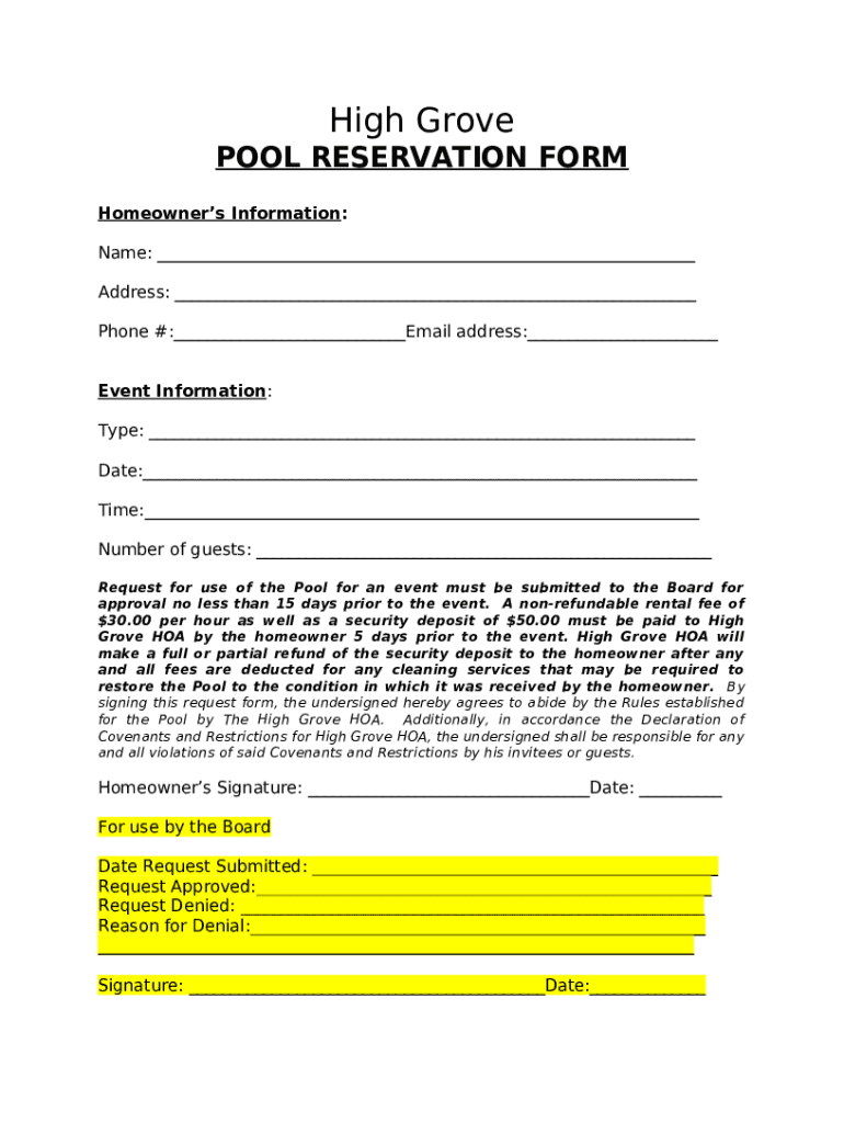 CABANA/POOL RESERVATION Doc Template | pdfFiller