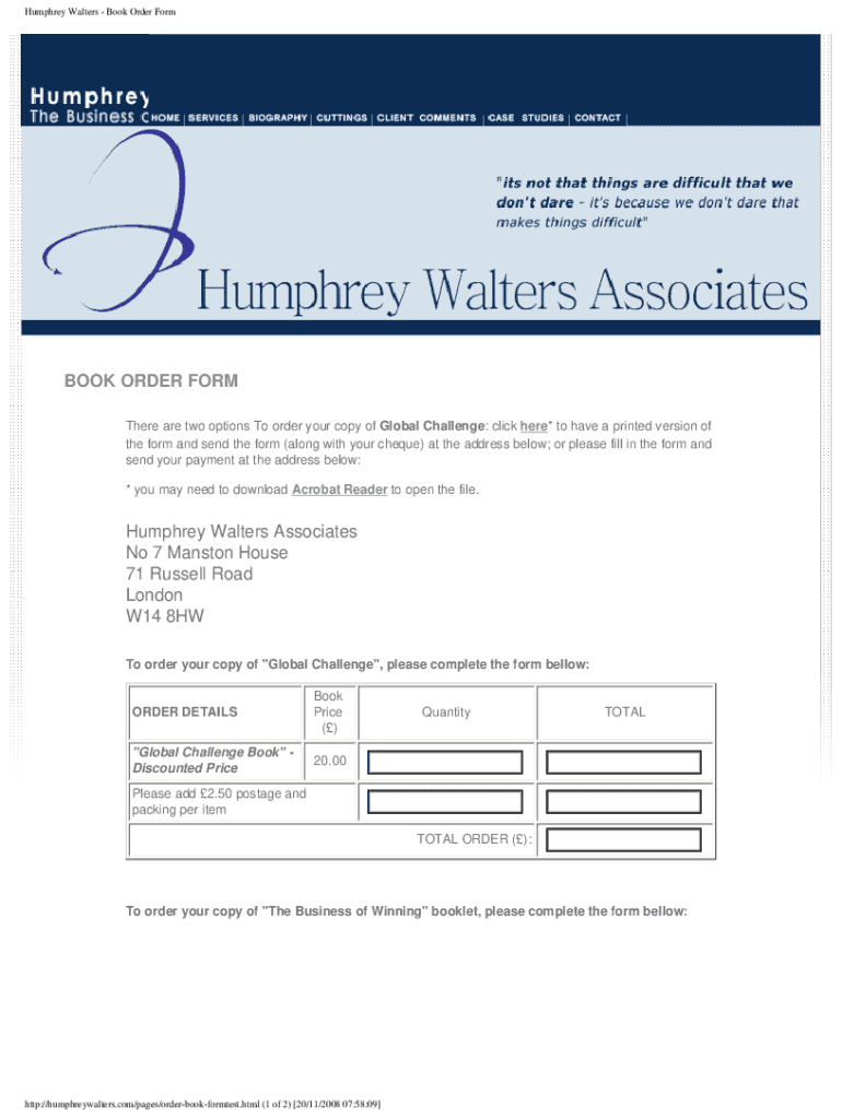 Fillable Online Humphrey Walters - Book Order Form Fax Email Print - pdfFiller