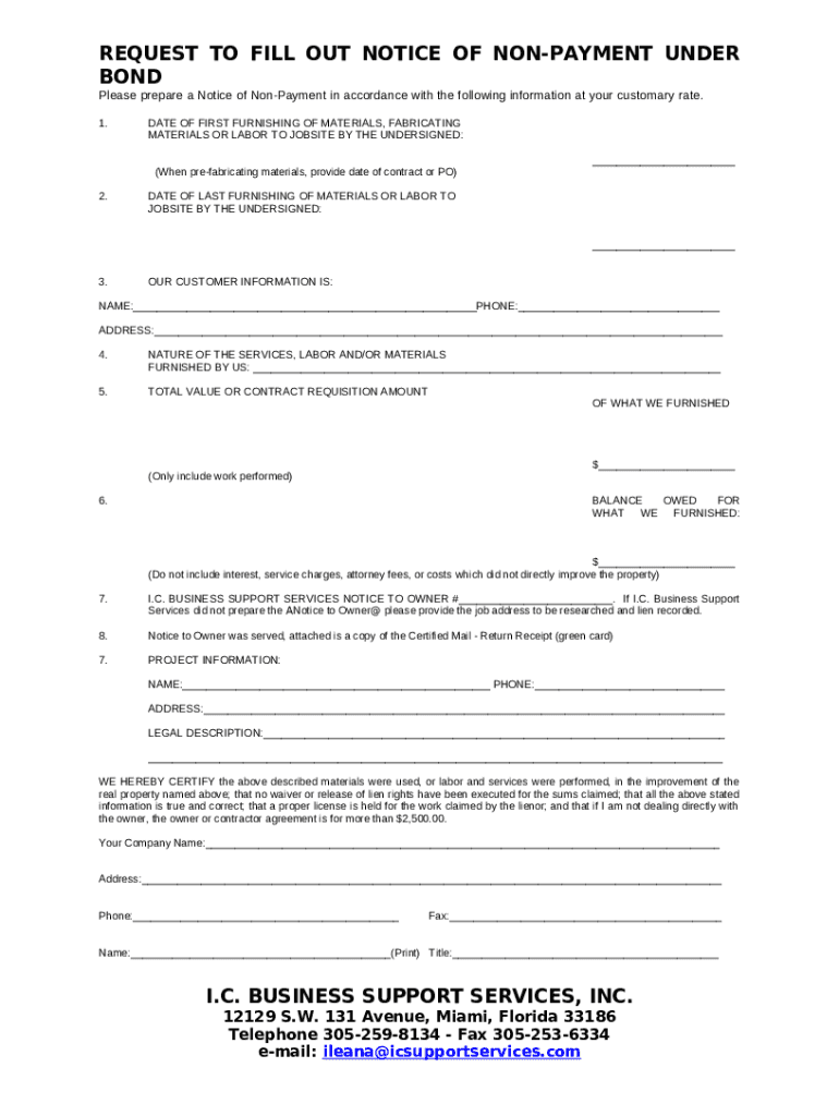 REQUEST TO FILL OUT NOTICE OF NON-PAYMENT UNDER BOND Doc Template ...