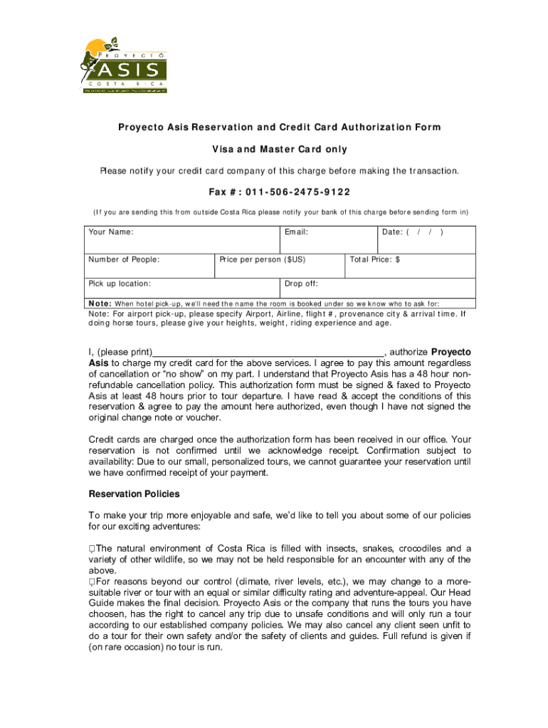 Fillable Online Proyecto Asis Reservation and Credit Card Authorization ...