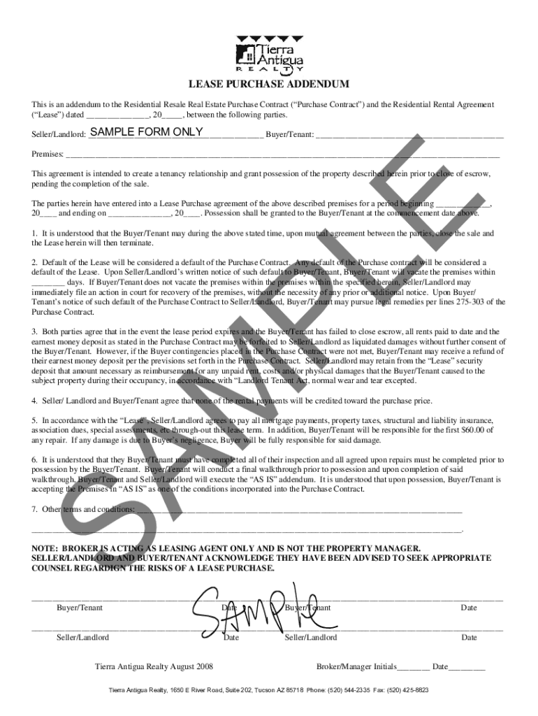Fillable Online LEASE PURCHASE ADDENDUM - Itucsonrealestate.com Fax ...