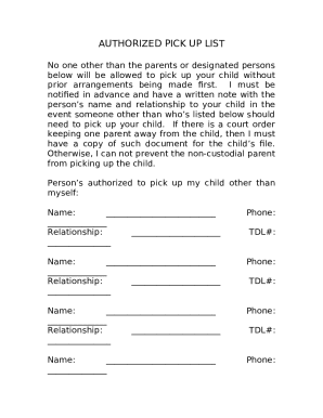 pick up list template Doc Template | pdfFiller