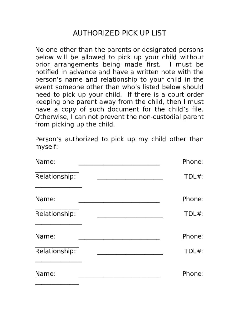 pick up list Doc Template | pdfFiller